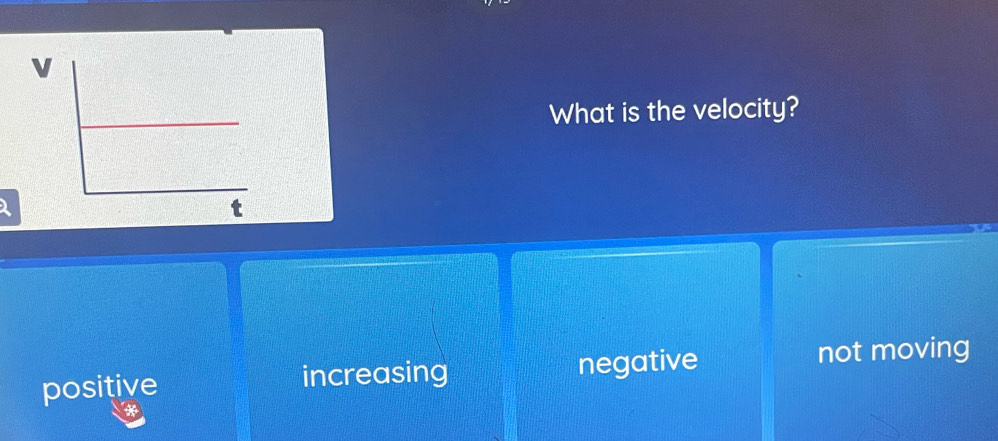 Solved: What is the velocity? 2 positive increasing negative not moving ...