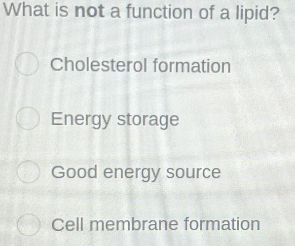 Solved: What is not a function of a lipid? Cholesterol formation Energy ...