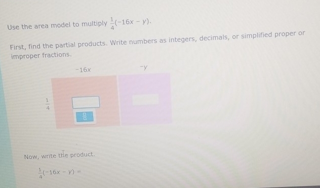 Solved: Use the area model to multiply 1/4 (-16x-y). First, find the ...