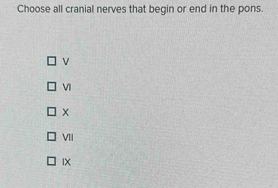 Solved: Choose all cranial nerves that begin or end in the pons. V VI X ...