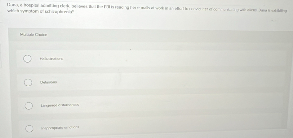 Solved: Dana, a hospital admitting clerk, believes that the FBI is ...