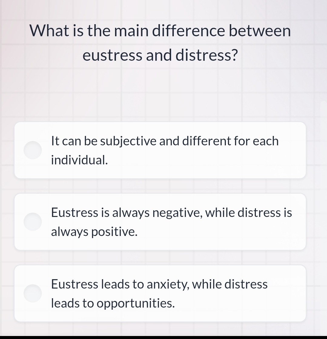Solved: What is the main difference between eustress and distress? It ...