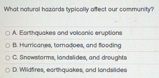 Solved: What natural hazards typically affect our community? A ...