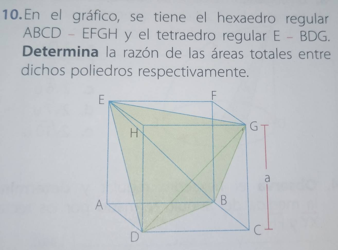 Resuelto:En el gráfico, se tiene el hexaedro regular ABCD - EFGH y el tetraedro regular E-BDG. Det