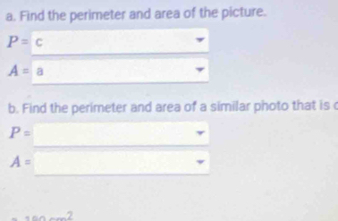 Solved: Find the perimeter and area of the picture. P=c A=a b. Find the ...