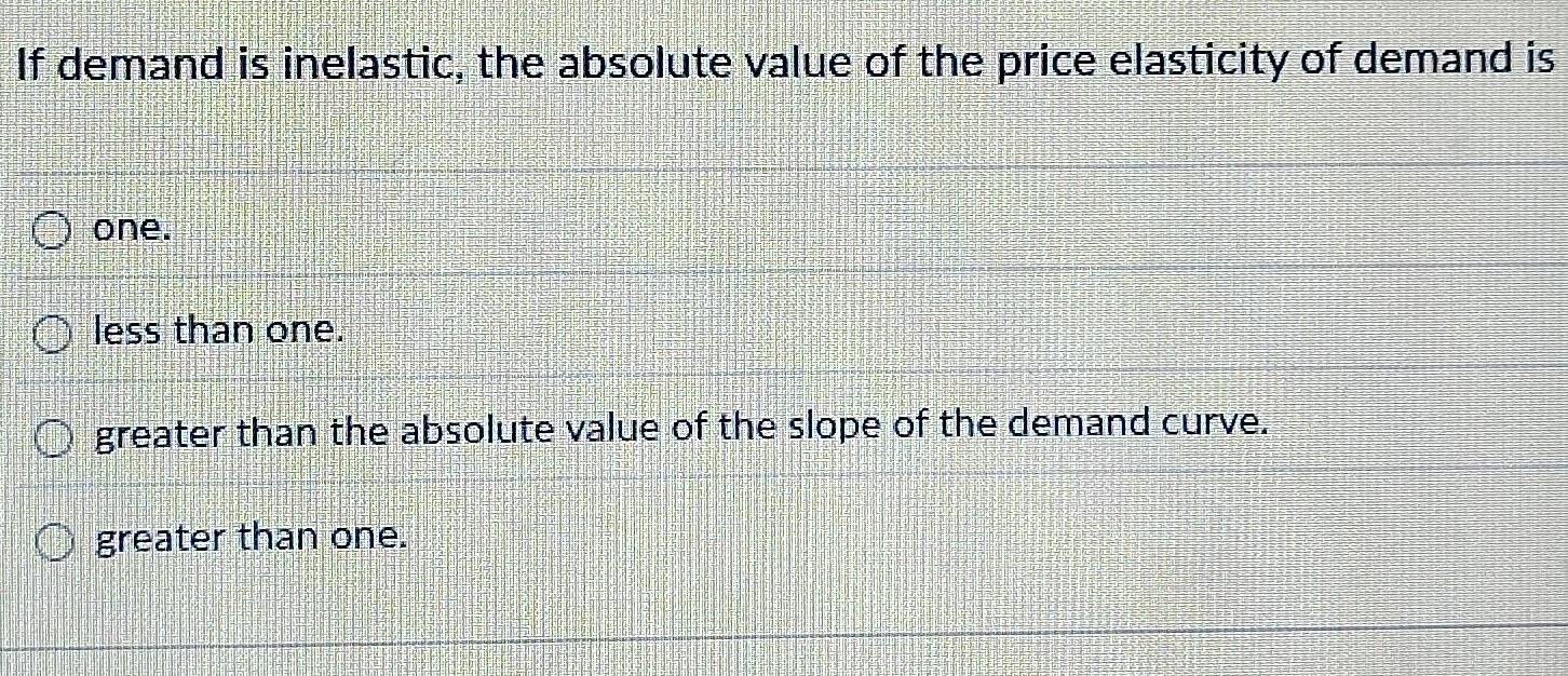 Solved: If demand is inelastic, the absolute value of the price ...