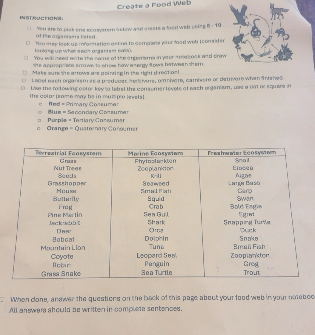 Solved: Create a Food Web INSTRUCTIONS: You are to pick one ecosystem below and create a food we ...
