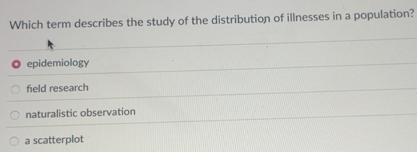Solved: Which term describes the study of the distribution of illnesses ...