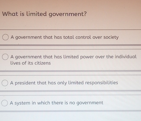 Solved: What is limited government? A government that has total control ...