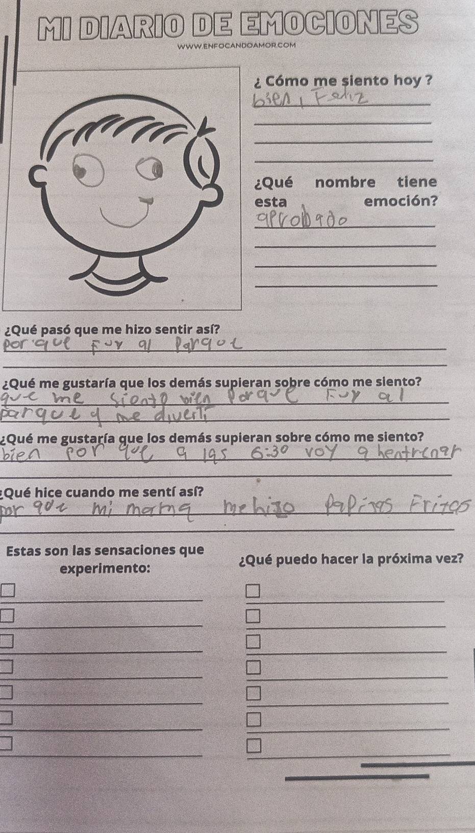 Resuelto:MI DIARIO DE EMOCIONES WWW.ENFOCANDOAMOR.COM ¿ Cómo me siento ...