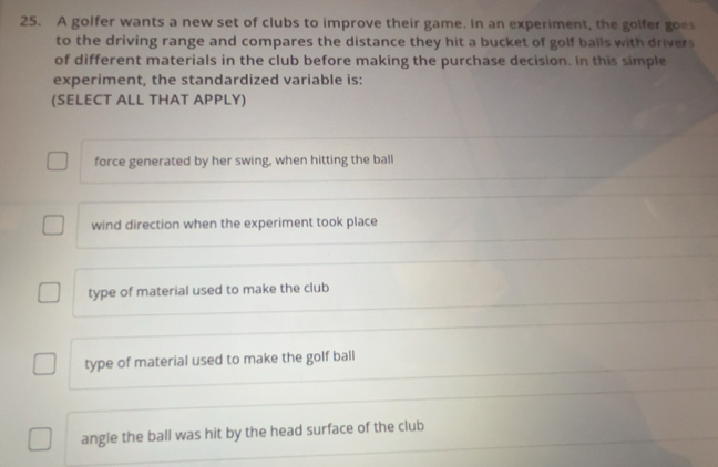 Solved: A golfer wants a new set of clubs to improve their game. In an ...