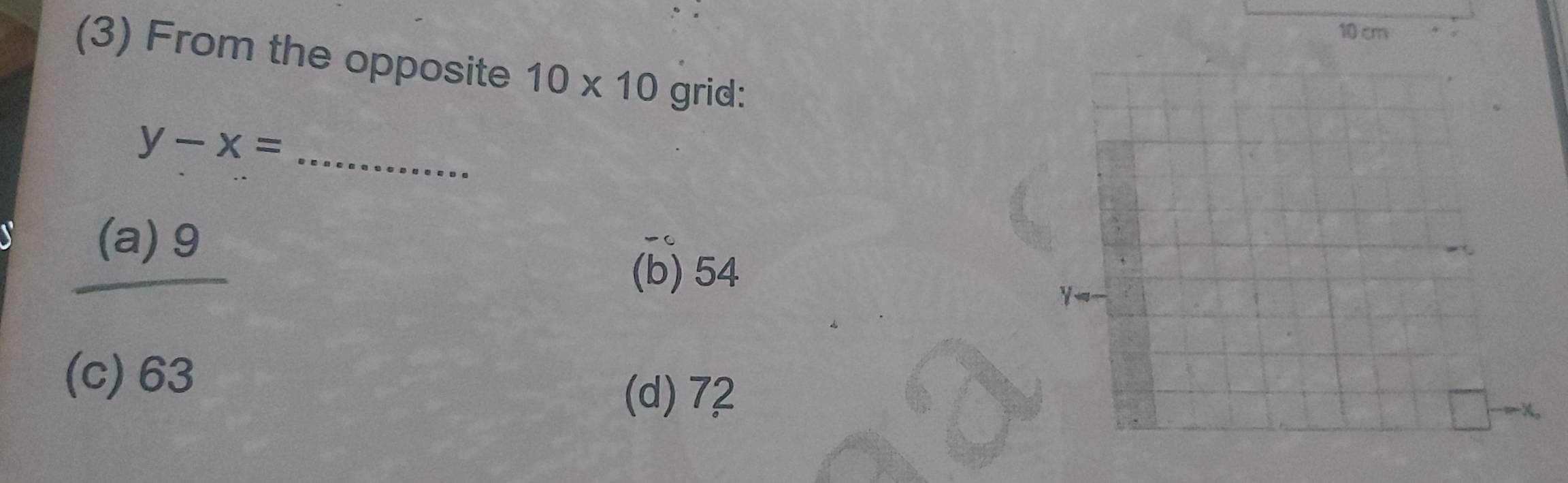 تم الحل:10 cm (3) From the opposite 10* 10 grid: _ y-x= (a) 9 (b) 54 (c ...