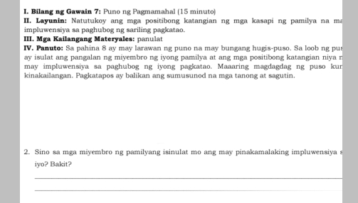 Solved: Bilang ng Gawain 7: Puno ng Pagmamahal (15 minuto) II. Layunin: Natutukoy ang mga ...
