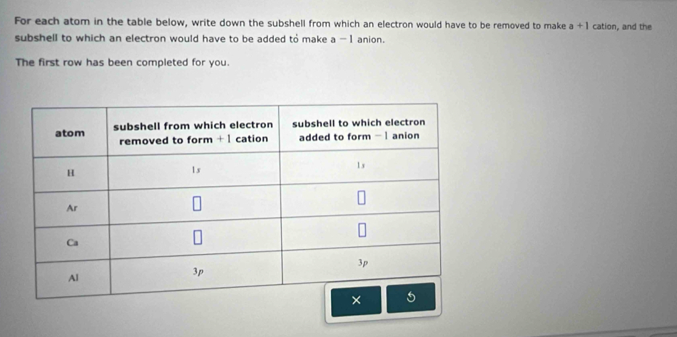 Solved: For each atom in the table below, write down the subshell from which an electron would ...