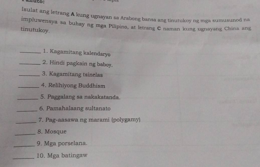 Solved: ánuto: Isulat ang letrang A kung ugnayan sa Arabong bansa ang ...