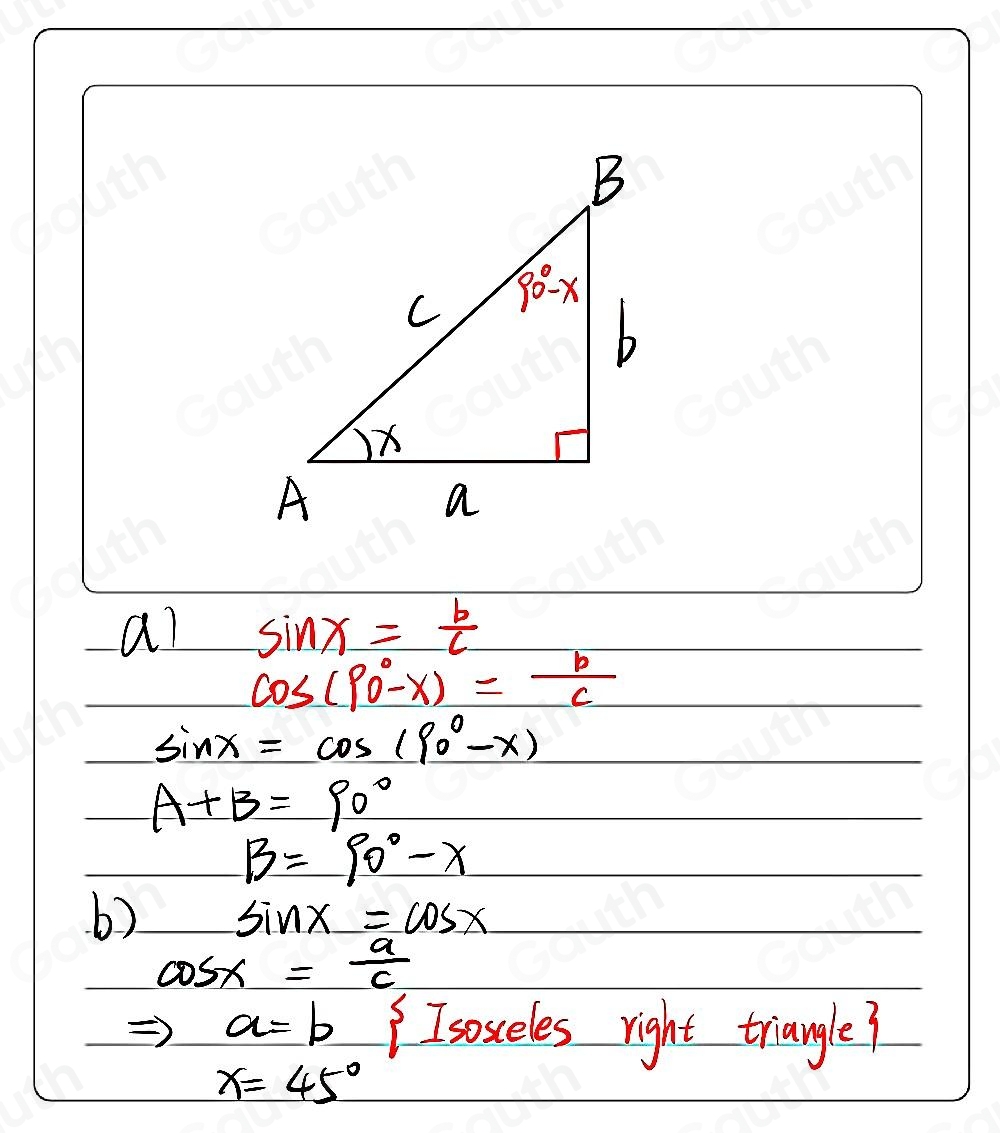 Solved: Using the right-angled triangle below, show that sin x=cos (90 ...