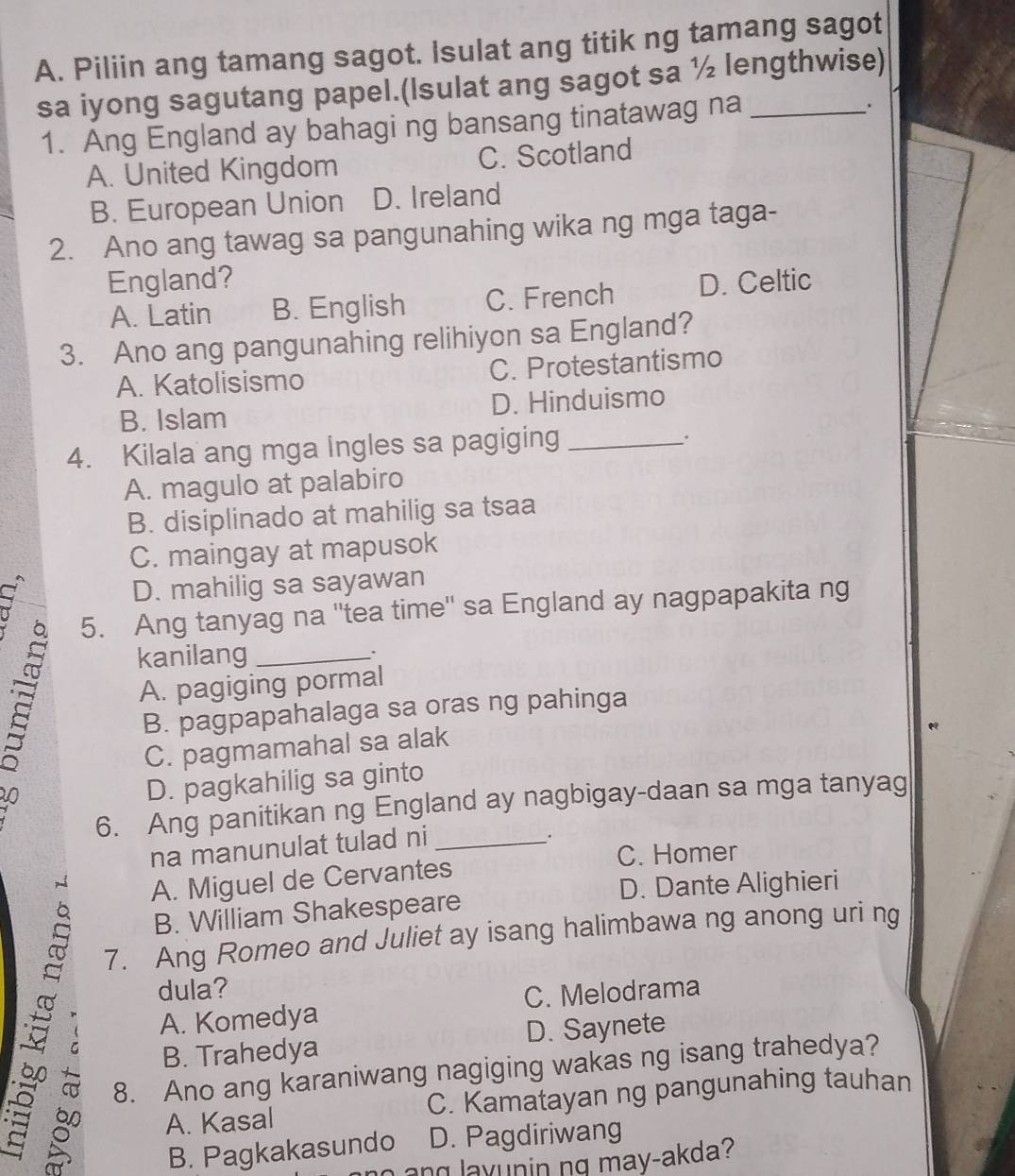 Solved: Piliin ang tamang sagot. Isulat ang titik ng tamang sagot sa ...