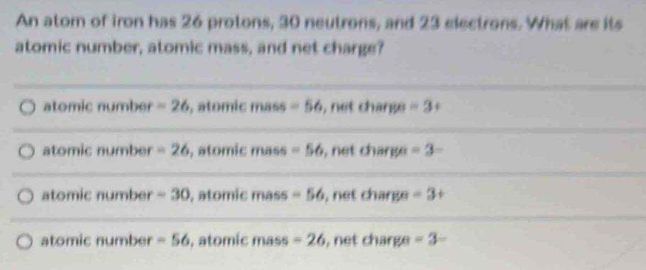 Solved: An atom of iron has 26 protons, 30 neutrons, and 23 electrons ...