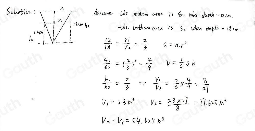 Solved: If 23 cubic meters of water are poured into a conical vessel ...