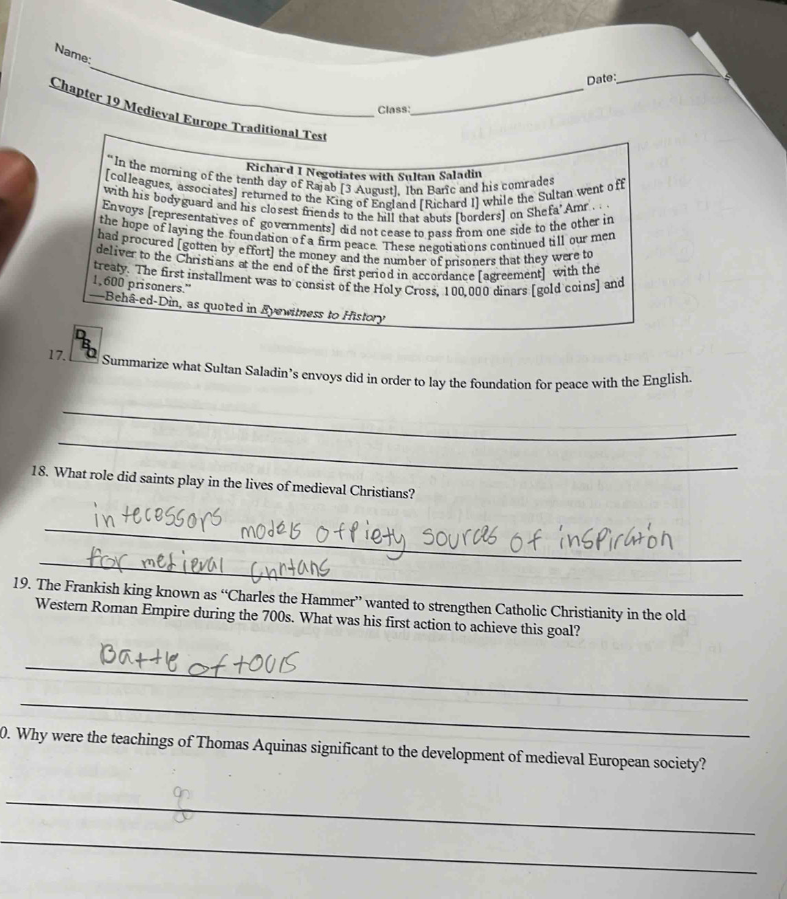 Solved: Name: Date: _ Chapter 19 Medieval Europe Traditional Test ...