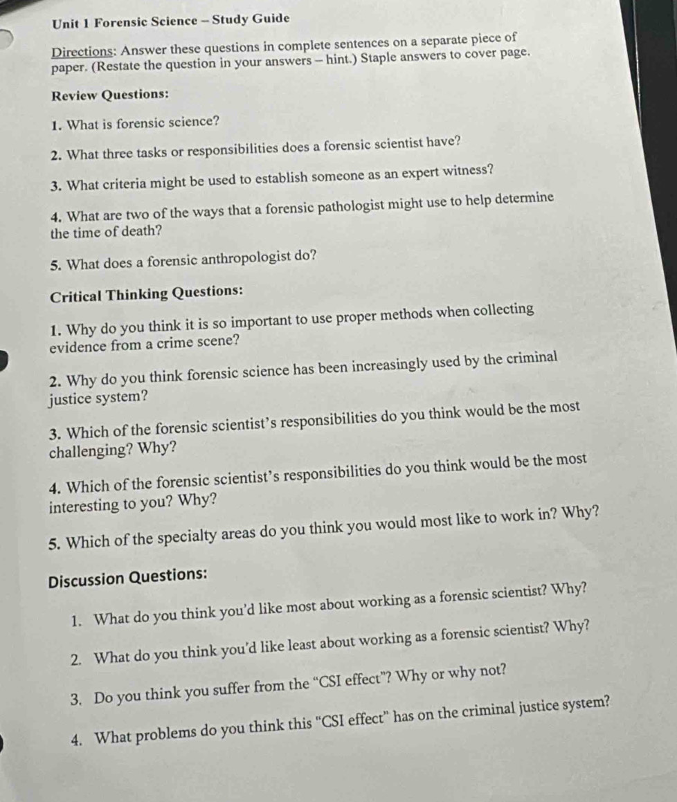 Solved: Forensic Science - Study Guide Directions: Answer these ...