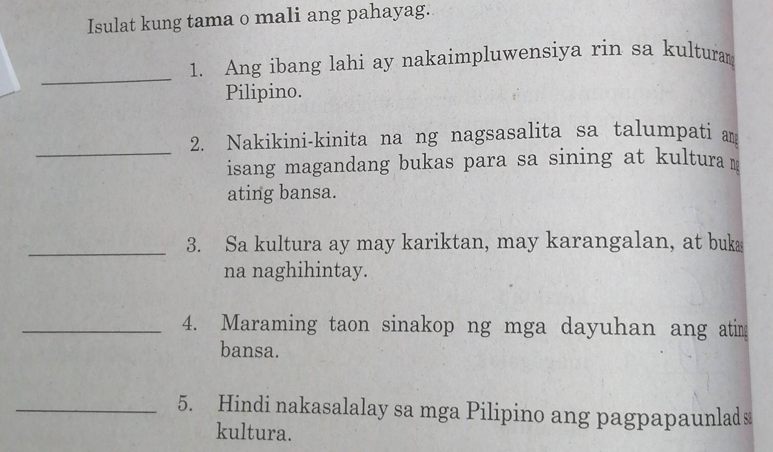 Solved: Isulat kung tama o mali ang pahayag. _ 1. Ang ibang lahi ay ...