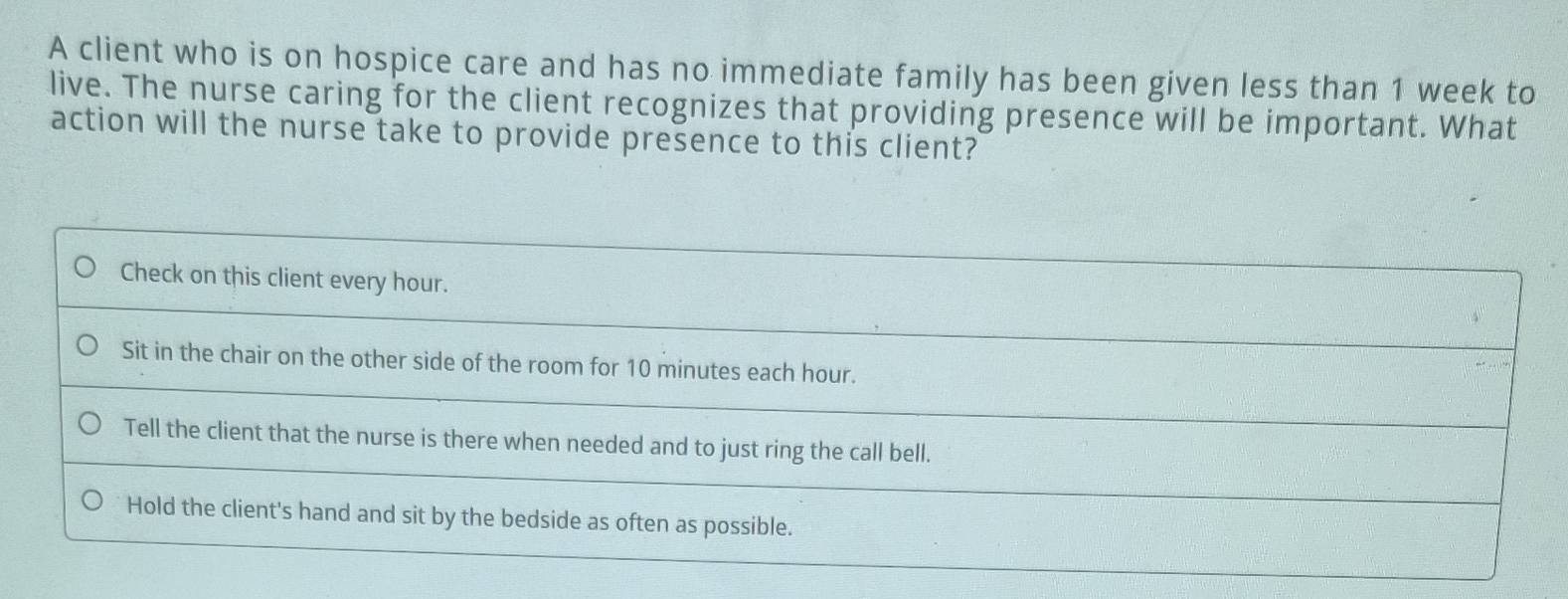 Solved: A client who is on hospice care and has no immediate family has ...