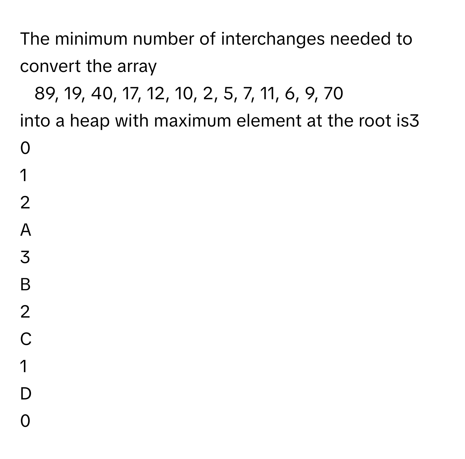 Solved: The minimum number of interchanges needed to convert the array 89, 19, 40, 17, 12, 10, 2 ...