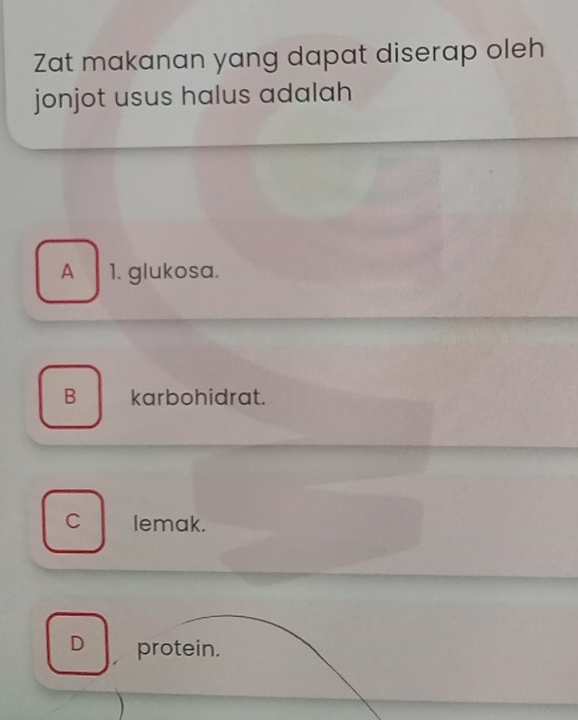 Telah dijawab:Zat makanan yang dapat diserap oleh jonjot usus halus ...