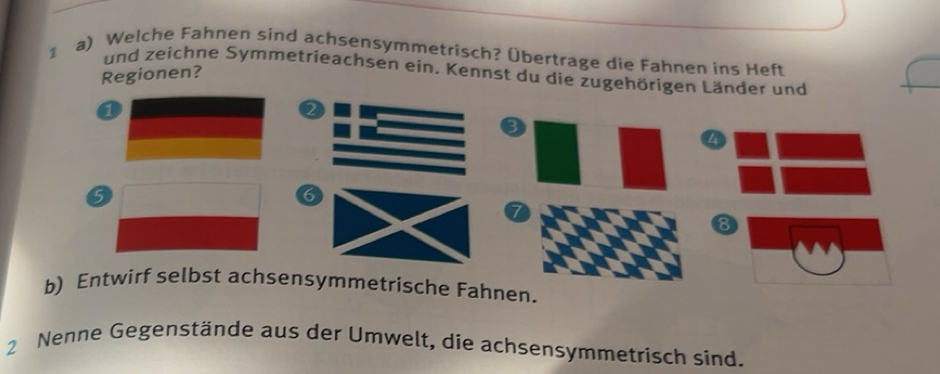 Gelöst:Welche Fahnen sind achsensymmetrisch? Übertrage die Fahnen ins ...
