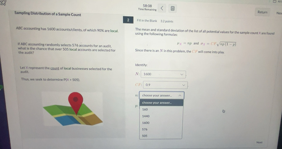 Solved: All 58:1 08 Time Remaining Return Nex Sampling Distribution of a Sample Count Fill in ...