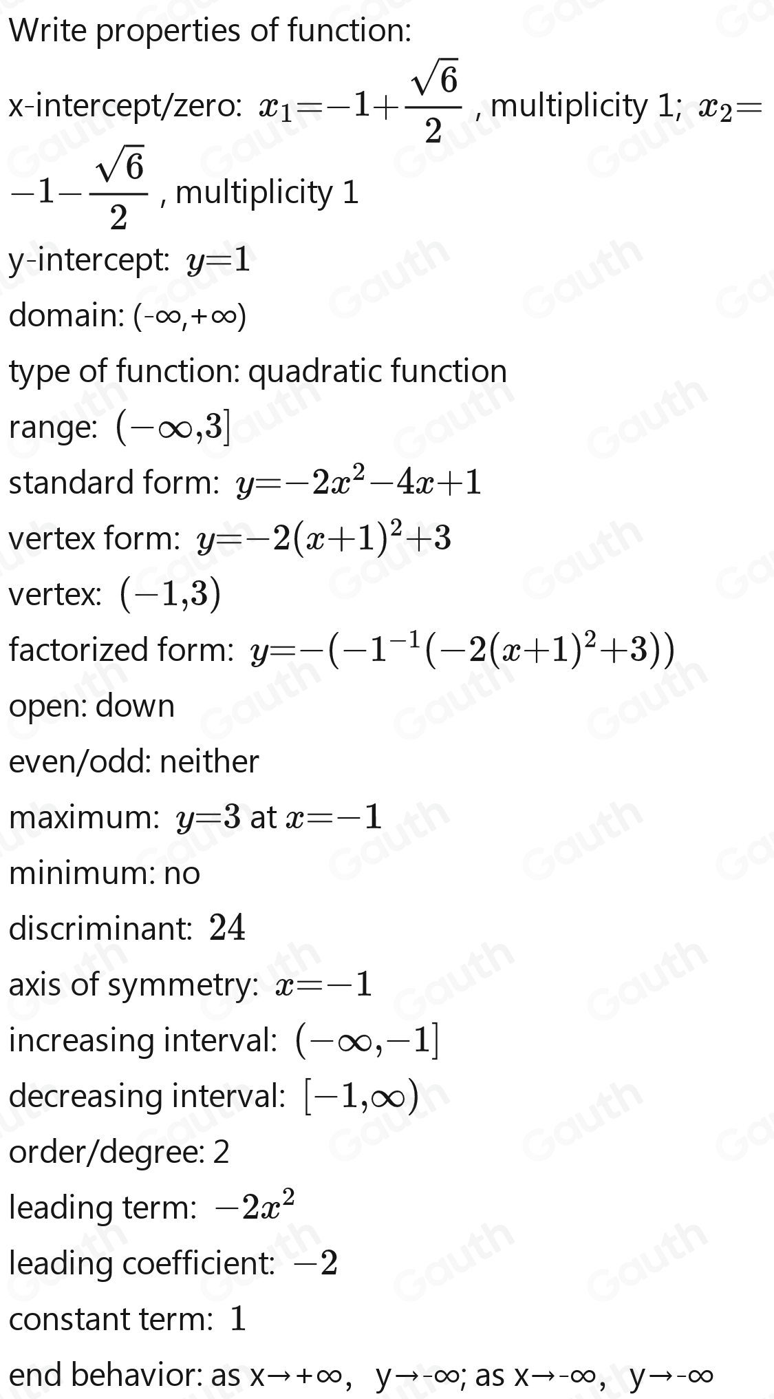 Solved: y=-2(x+1)^2+3 [Math]