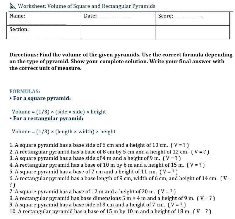 Solved: Worksheet: Volume of Square and Rectangular Pyramids Directions ...