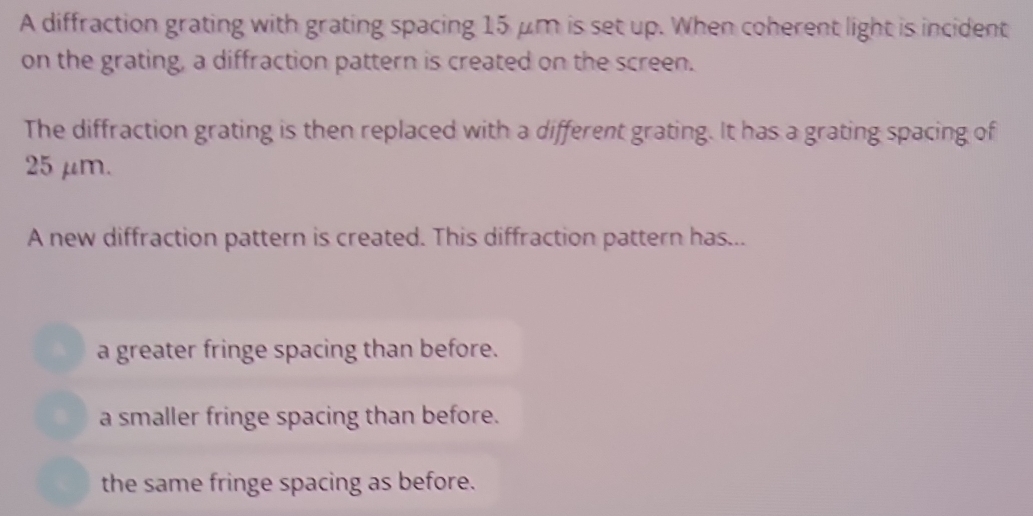 Solved: A diffraction grating with grating spacing 15 μm is set up ...