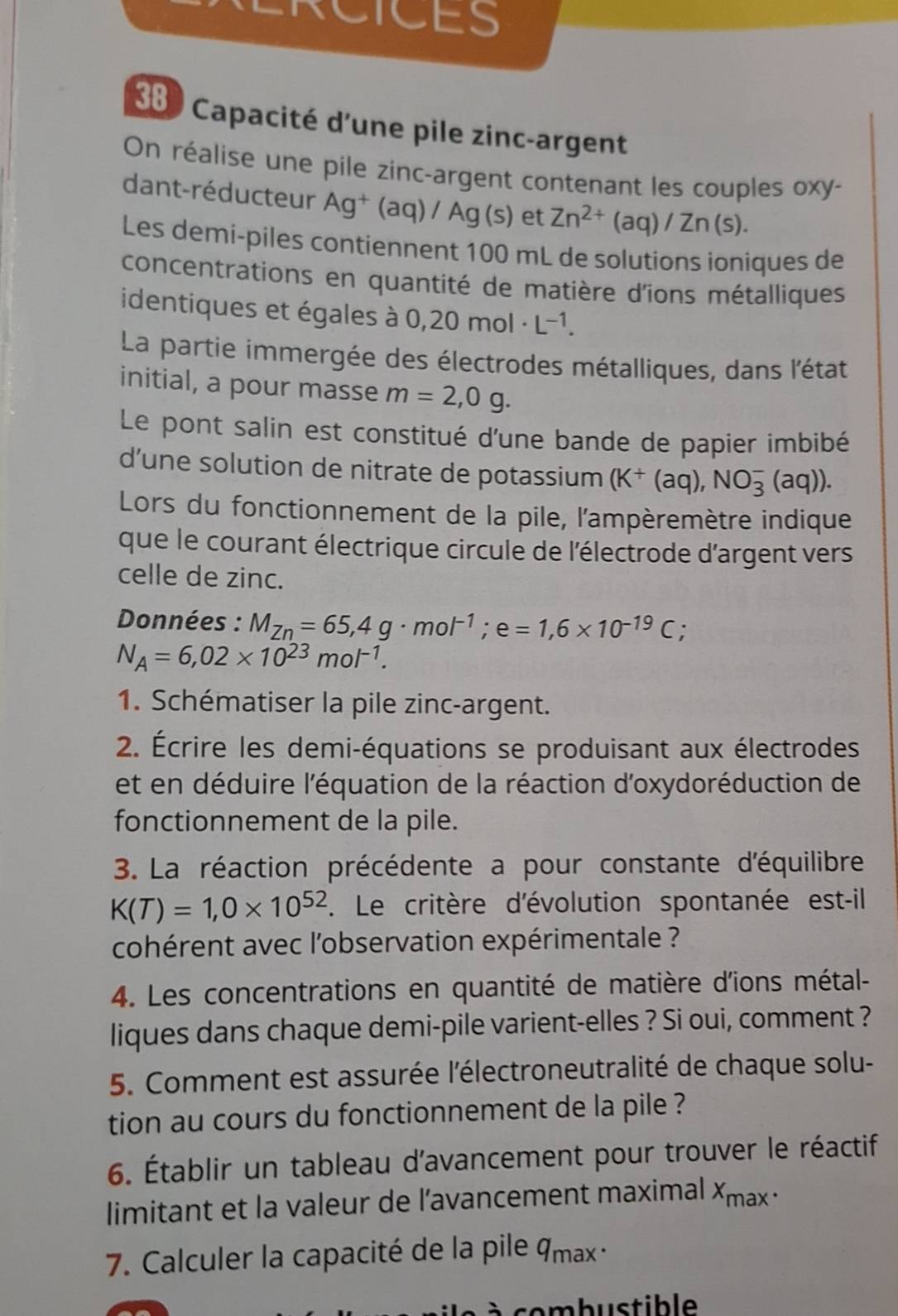 Résolu :LRCICES 380 Capacité d'une pile zinc-argent On réalise une pile ...