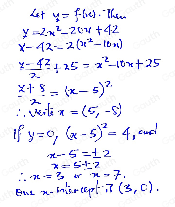 Solved: Graph f(x)=2x^2-20x+42 below by first selecting the correct shape, clicking the vertex ...