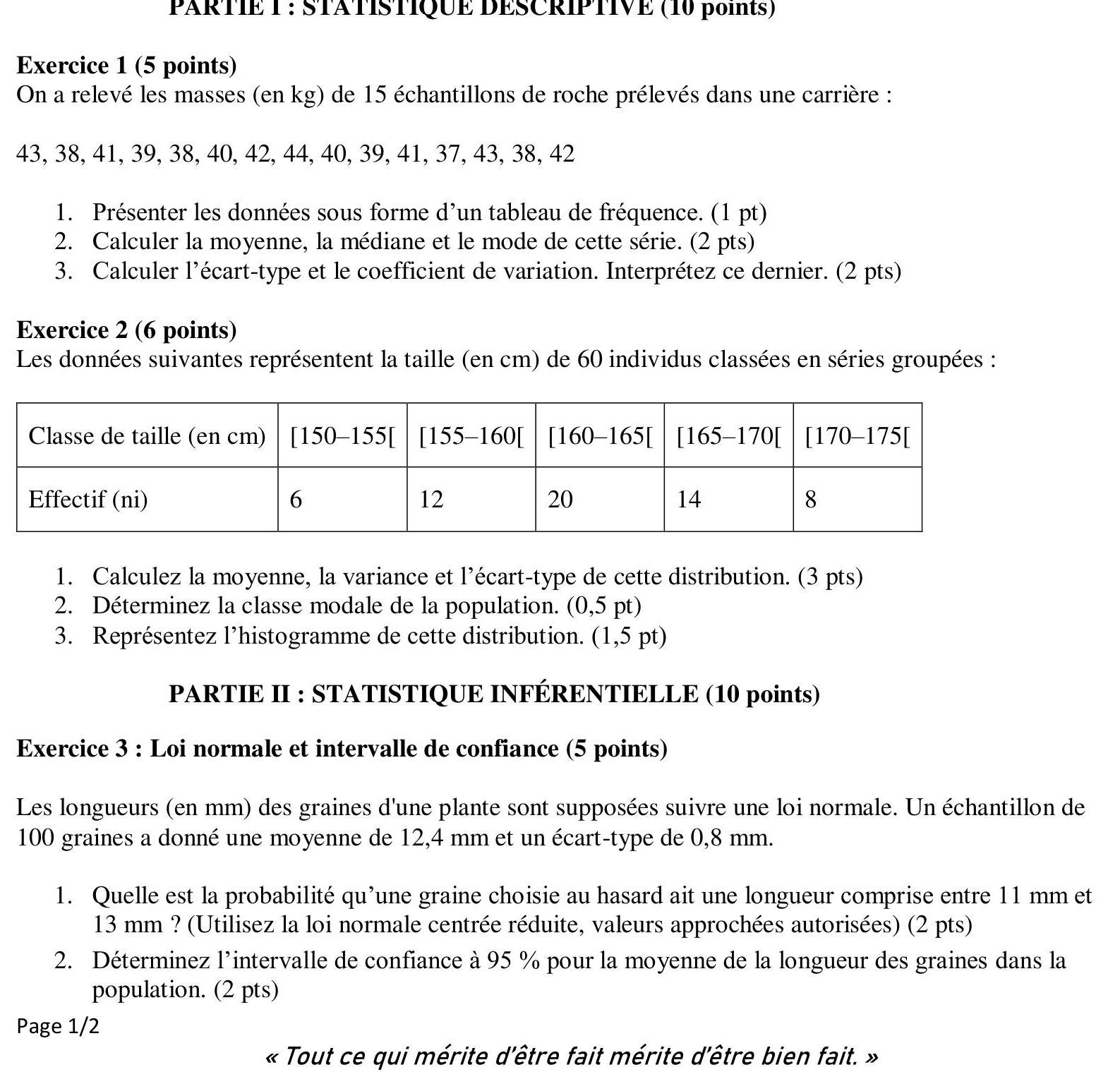 Solved: PARTIE T : STÄTISTIQUE DESCRIPTIVE (10 points) Exercice 1 (5 ...