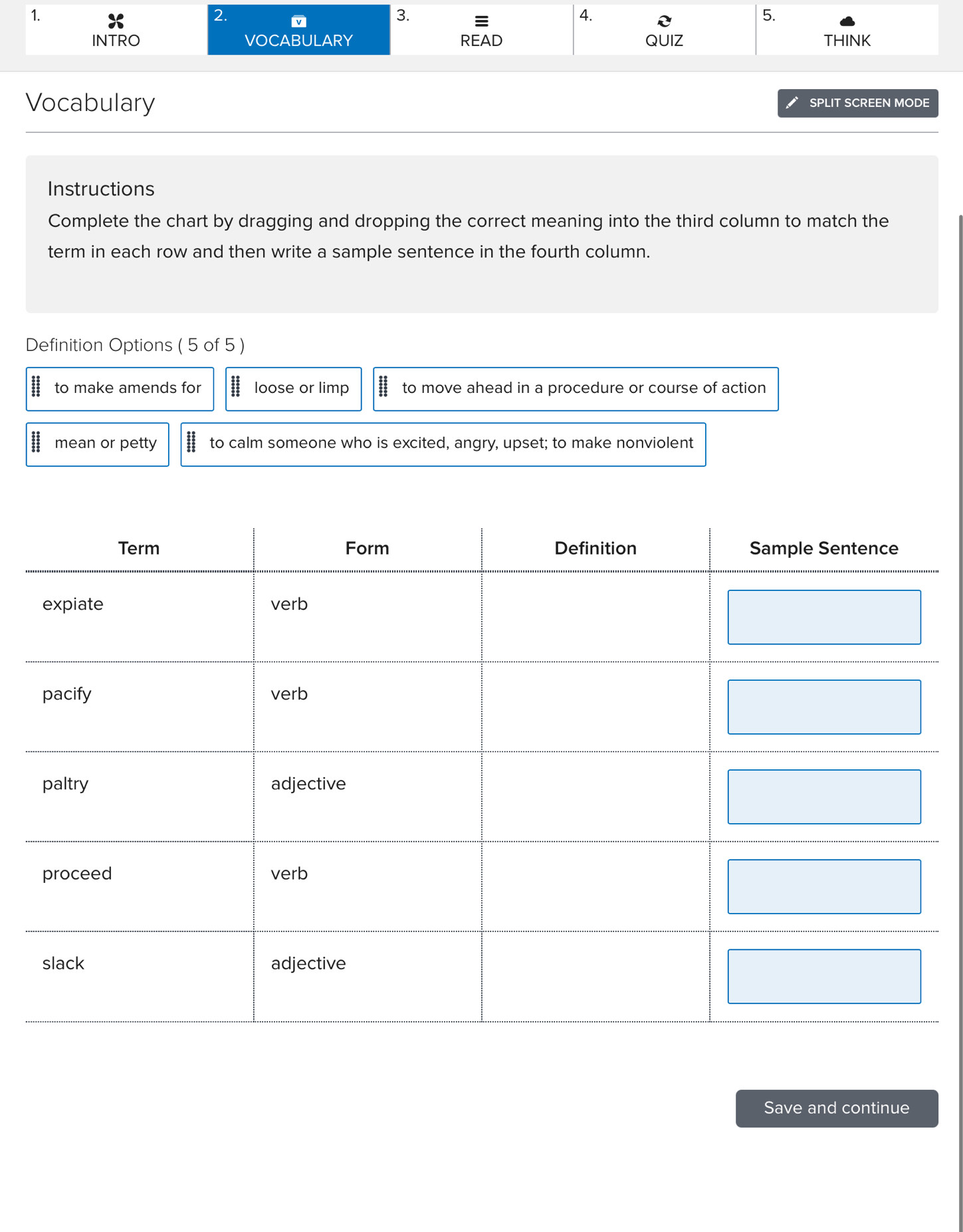 Solved: Vocabulary SPLIT SCREEN MODE Instructions Complete the chart by ...