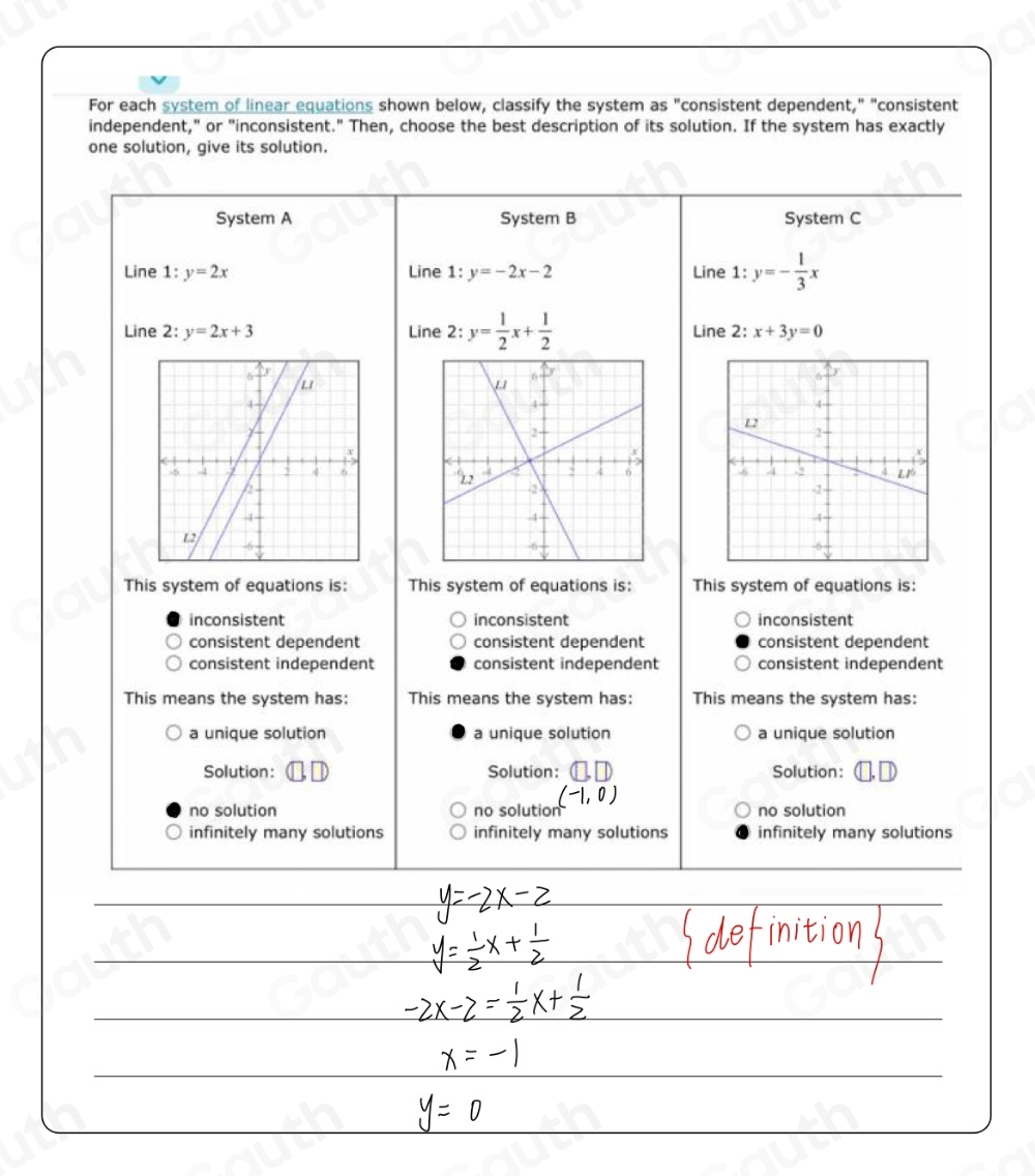 Solved: For each system of linear equations shown below, classify the system as "consistent ...