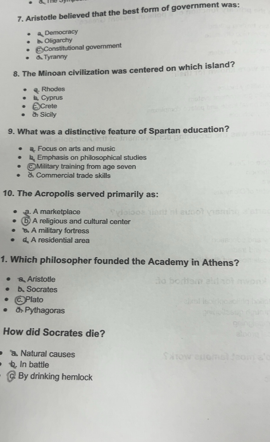 Solved: Aristotle believed that the best form of government was: a ...