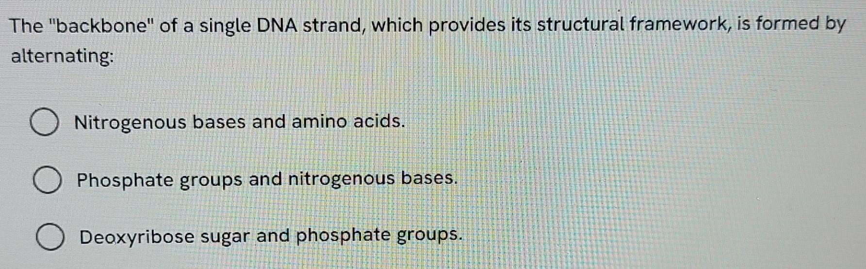 Solved: The 'backbone" of a single DNA strand, which provides its ...