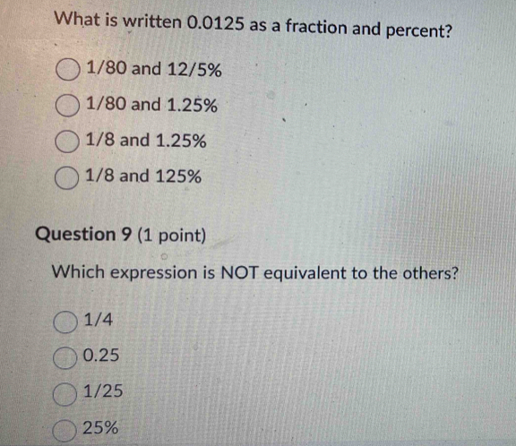 Solved: What is written 0.0125 as a fraction and percent? 1/80 and 12/5 ...