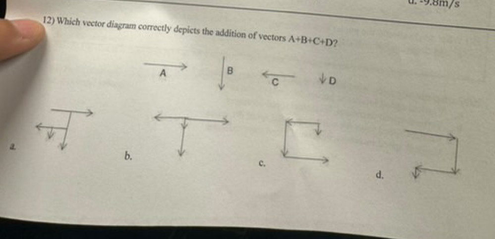 Solved: u. -9.8m/s 12) Which vector diagram correctly depicts the ...