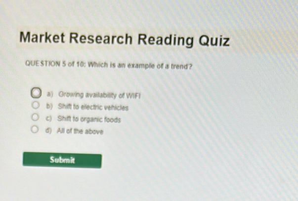 Solved: Market Research Reading Quiz QUESTION 5 of 10: Which is an ...