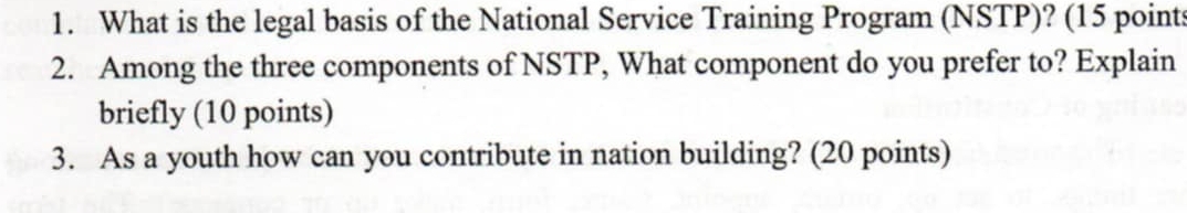 Solved: What is the legal basis of the National Service Training ...