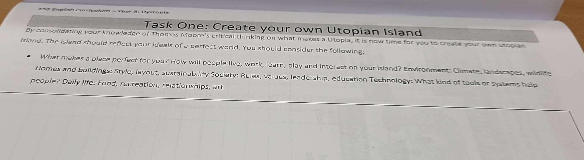 Résolu :KS3 English curriculum - Year 8: Dystopia Task One: Create your ...