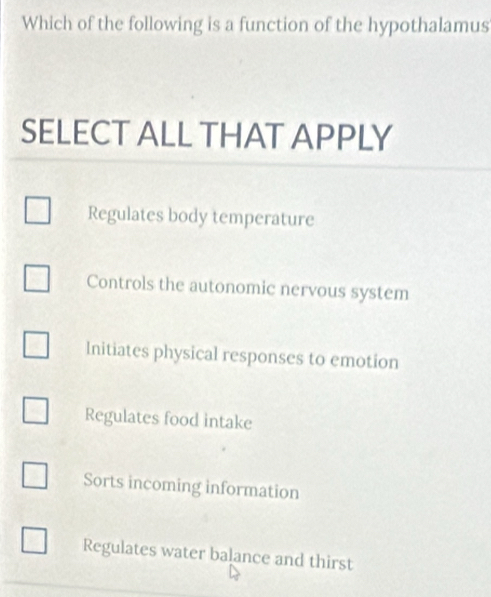 Solved: Which of the following is a function of the hypothalamus SELECT ...