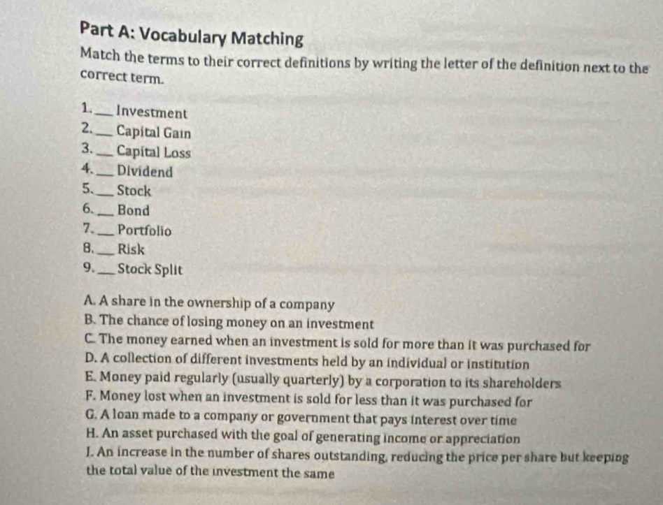 Solved: Vocabulary Matching Match the terms to their correct ...