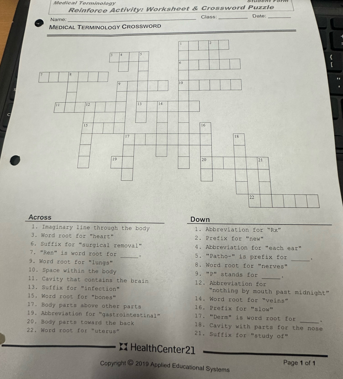 Solved: Medical Terminology Reinforce Activity: Worksheet & Crossword ...