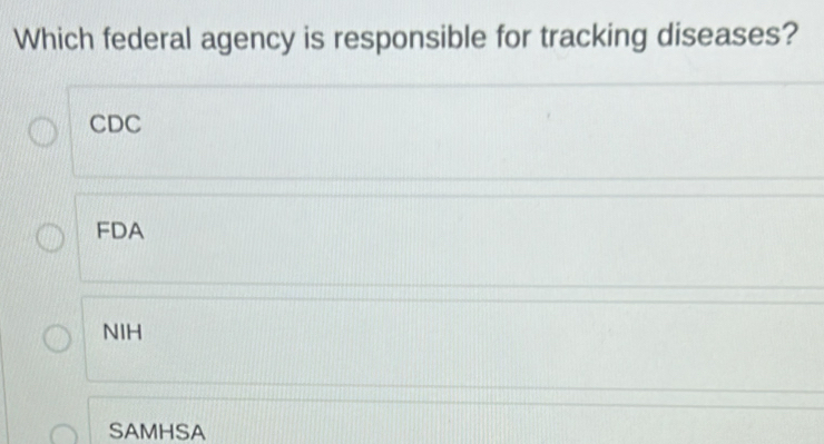 Solved: Which federal agency is responsible for tracking diseases? CDC ...
